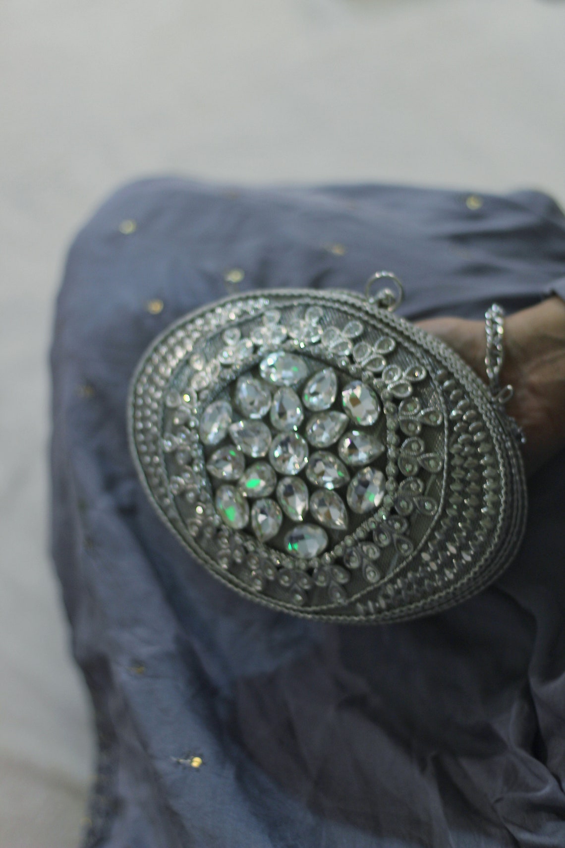 Indian Silver Clutch for Wedding Rhinestone Crystal Glass Metal Evening ...