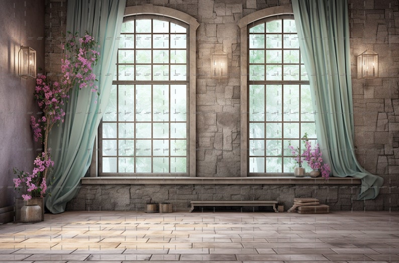 Digital Backdrop, Mint Drapes Over Stone Walls With 2 Tall Windows ...
