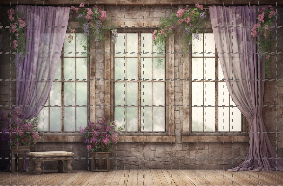 Digital Backdrop, Interior Stone Wall, Lavender Sheers and Flowers ...