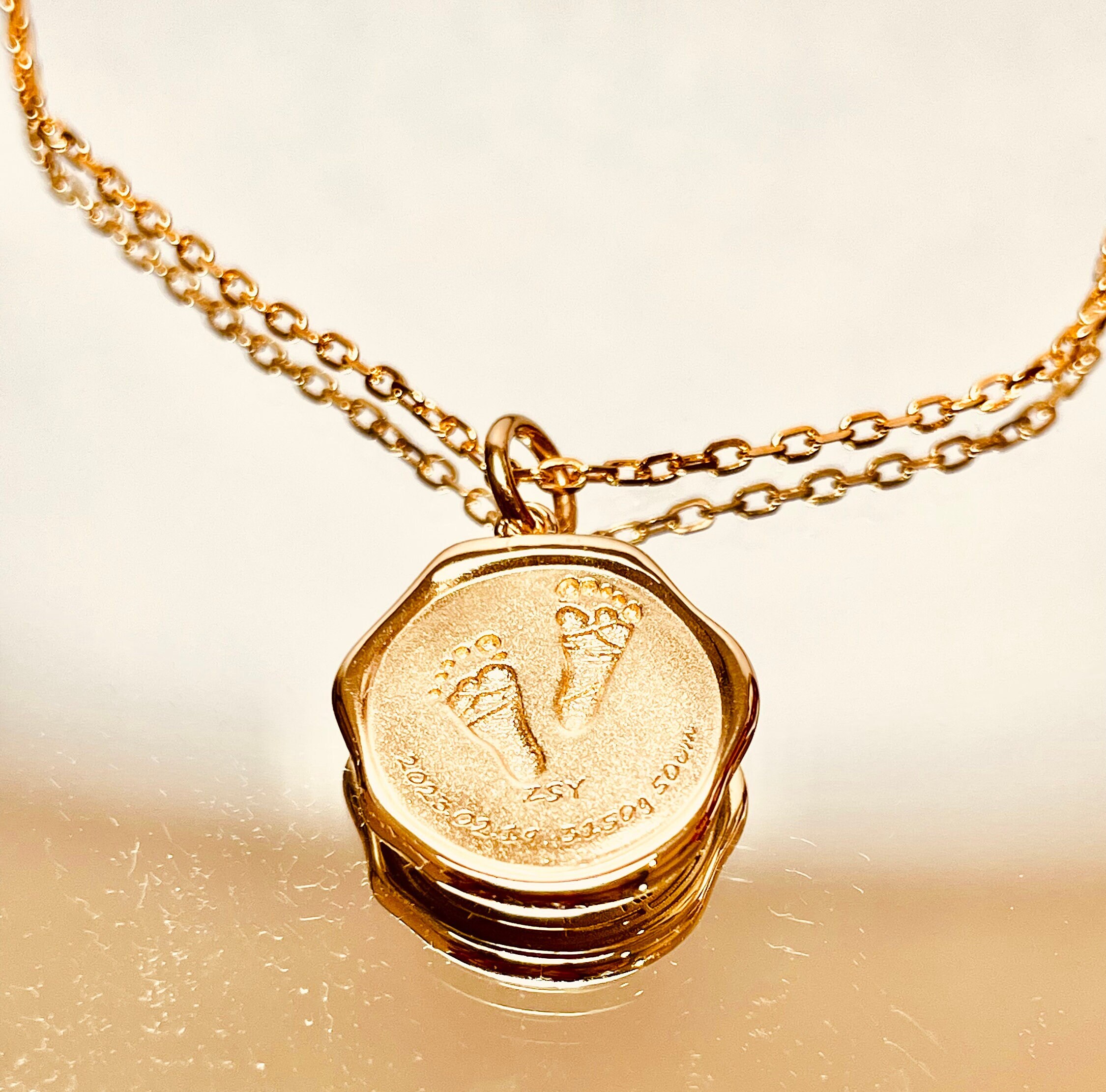 18k Solid Gold Diamond Clock Necklace, Handprint & Footprint Pendant ...
