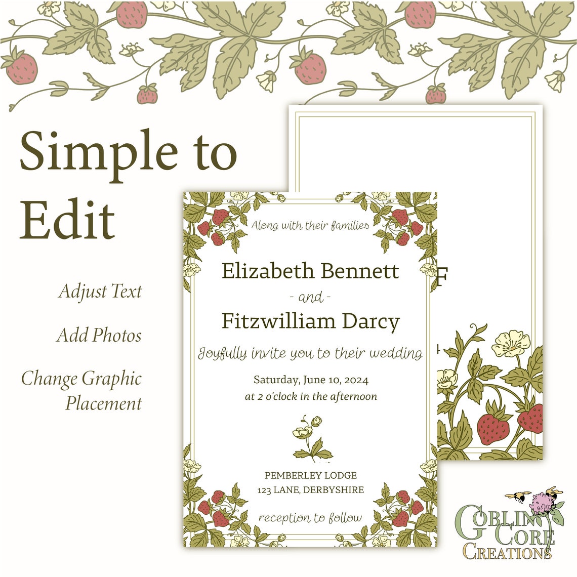 Wedding Invitation Canva Template Vintage Fairy Tale Strawberry ...