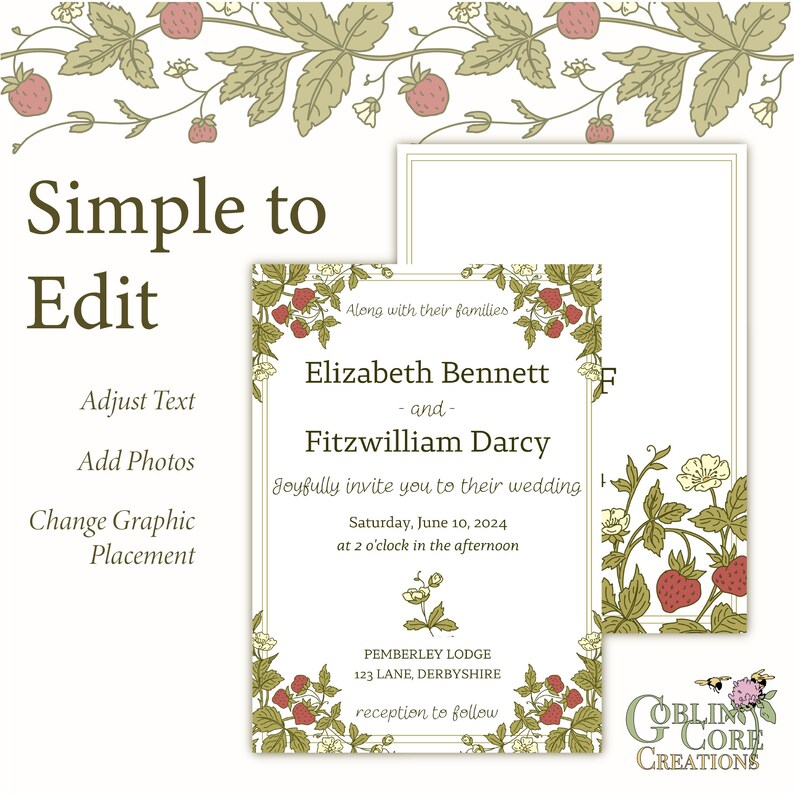 Wedding Invitation Canva Template Vintage Fairy Tale Strawberry ...