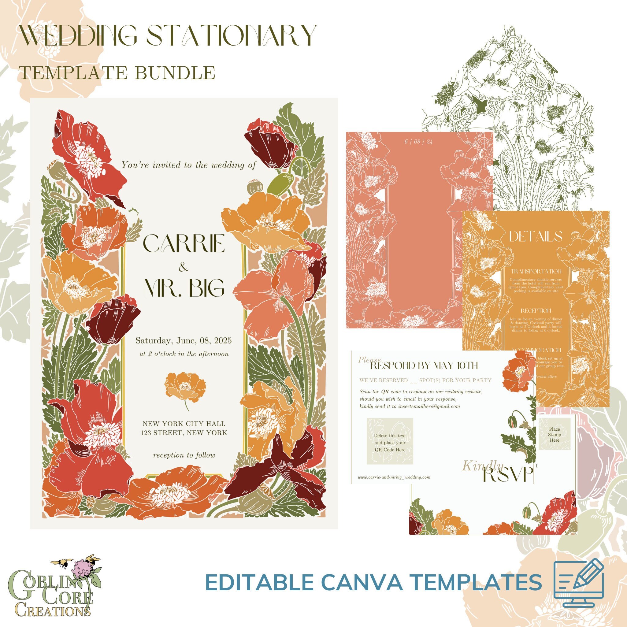 Wedding Invitation Template Bundle Floral Poppy Editable Customizable ...