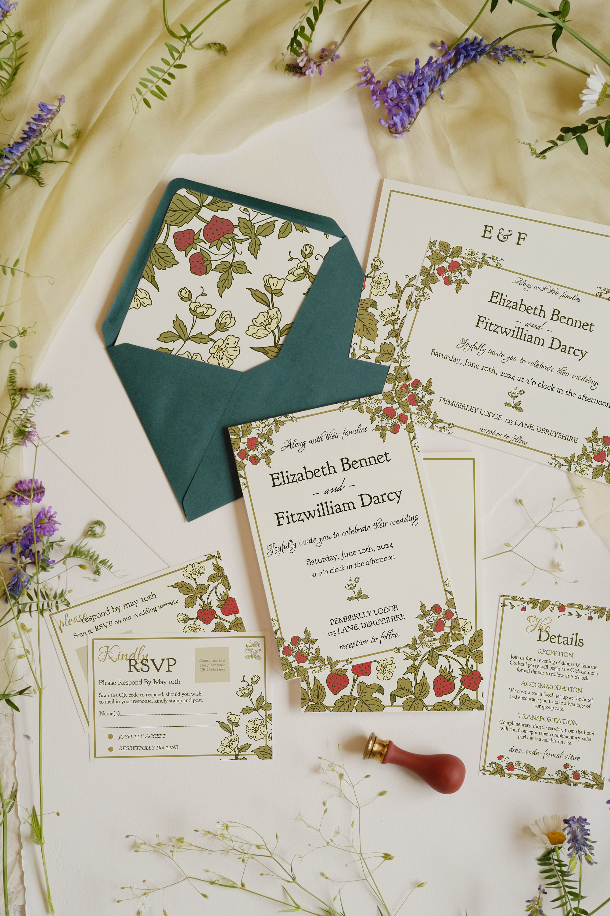Wedding Invitation Canva Template Vintage Fairy Tale Strawberry ...