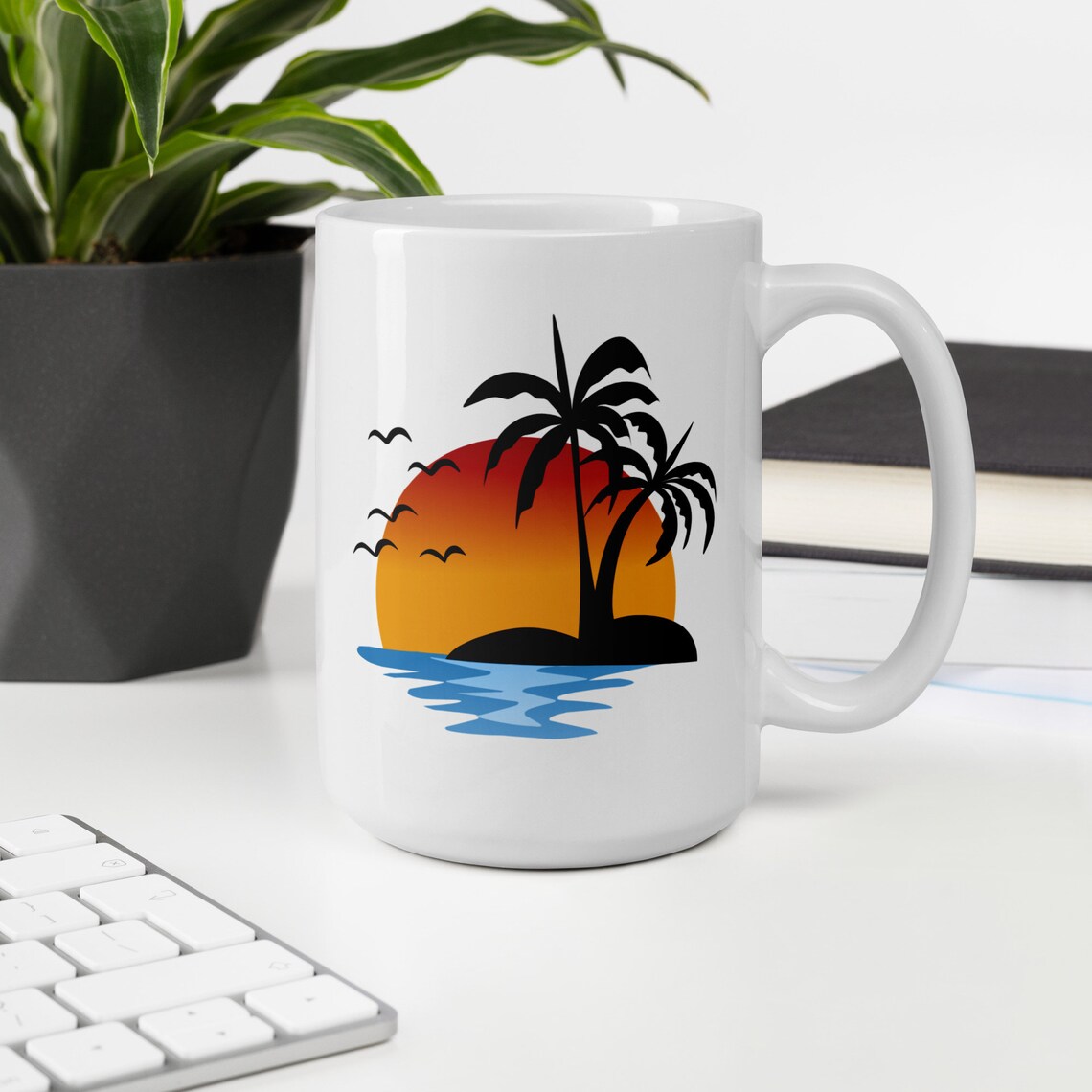 Tropical Ocean Sunset Mug Palm Trees and Birds Graphic Coffee - Etsy