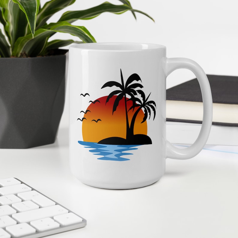 Tropical Ocean Sunset Mug Palm Trees and Birds Graphic Coffee - Etsy