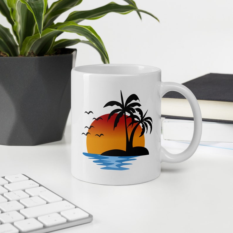 Tropical Ocean Sunset Mug Palm Trees and Birds Graphic Coffee - Etsy