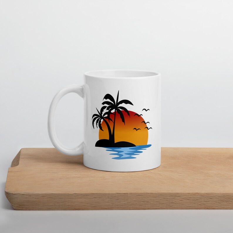 Tropical Ocean Sunset Mug Palm Trees and Birds Graphic Coffee - Etsy