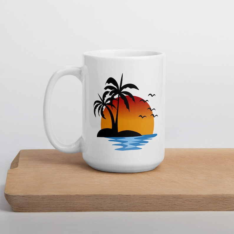 Tropical Ocean Sunset Mug Palm Trees and Birds Graphic Coffee - Etsy