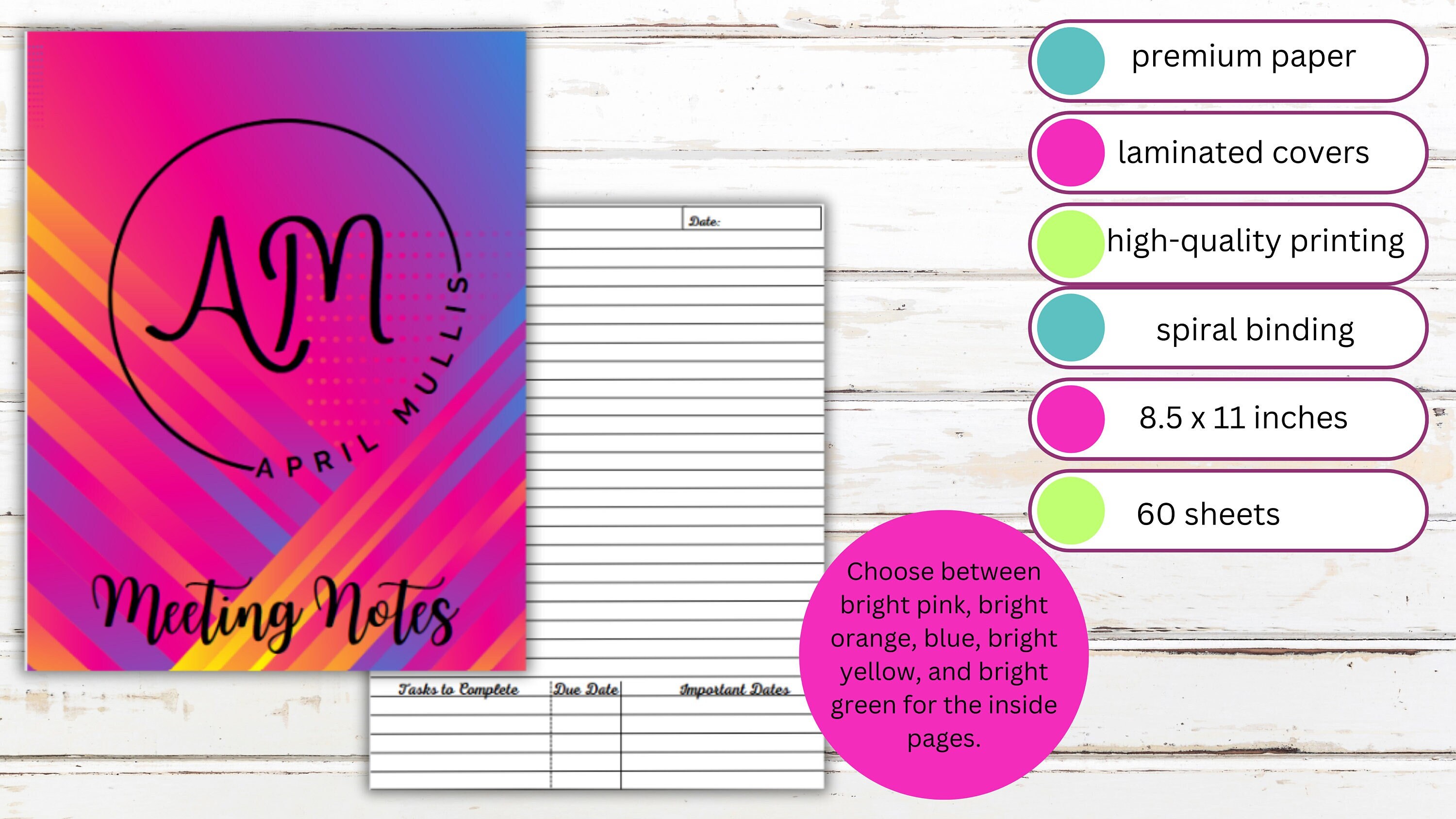 Personalized Meeting Notes Notebook: Spiral Planner, Custom Cover, 60 ...
