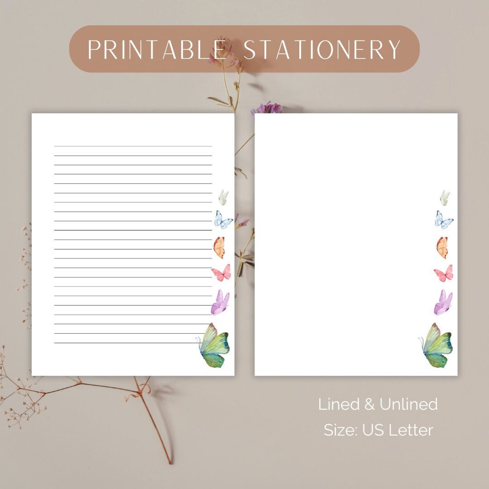 Pastel Butterflies Printable Stationery, Printable Writing Paper, Lined ...