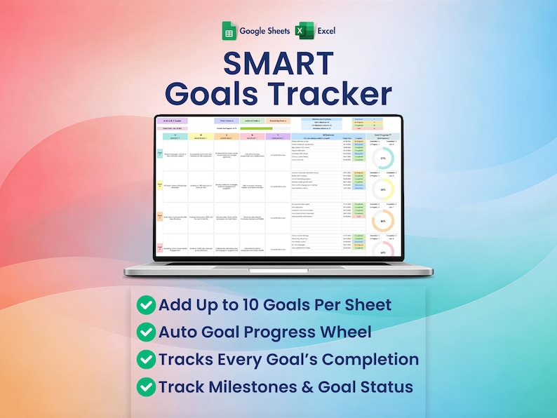 SMART Goals Template for Excel and Google Sheets | 10 Goals per Sheet ...