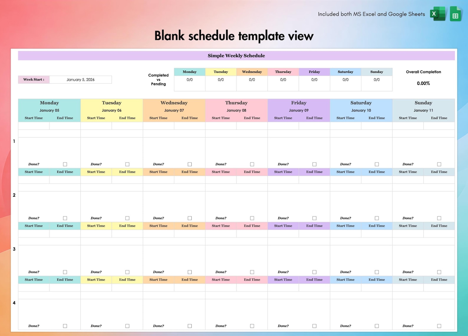 Weekly Schedule Template, Excel, Google Sheets, Daily Task Tracker ...
