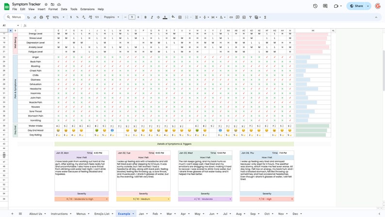 Symptom Tracker, Excel, Google Sheets, Mood, Pain Journal, Wellness ...