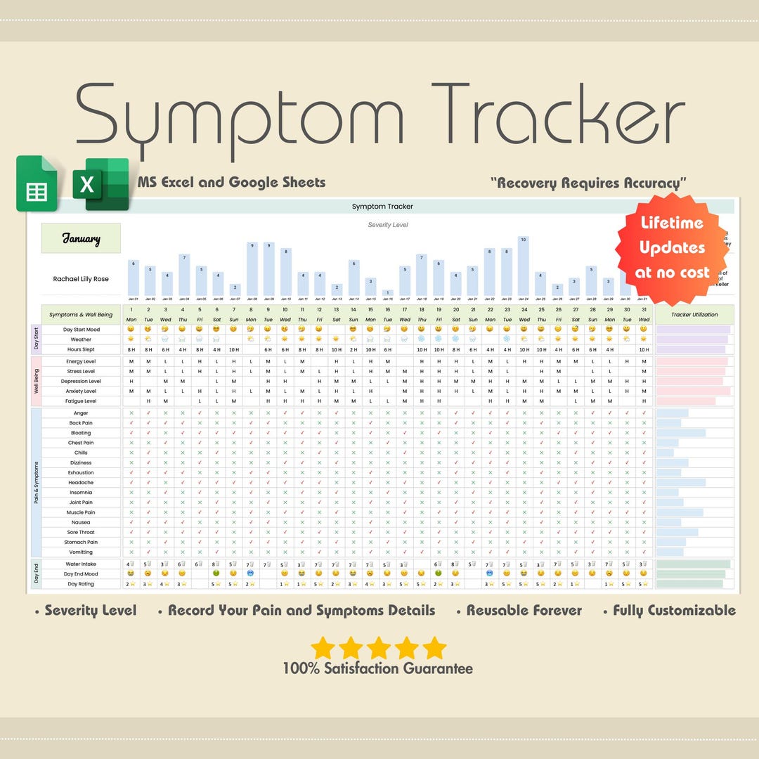 Symptom Tracker, Google Sheets, Excel, Spreadsheet, Fatigue Level ...