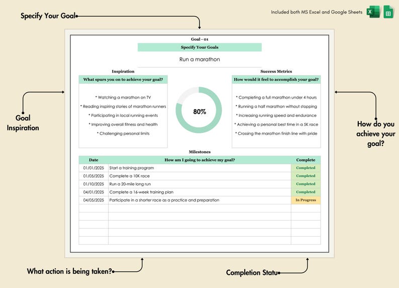 Goal Settings Spreadsheet for Excel and Google Sheets | Track ...