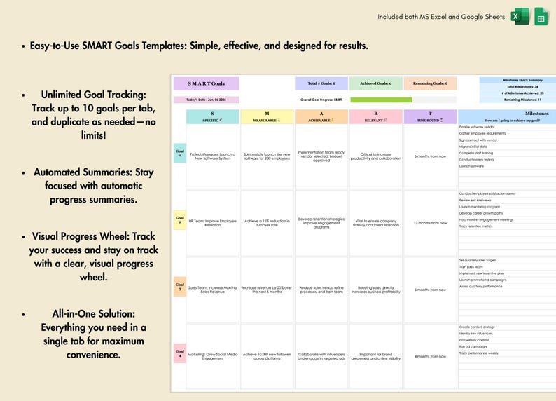 2025 SMART Goals Template, Google Sheets, Excel, Track Objectives, Goal ...