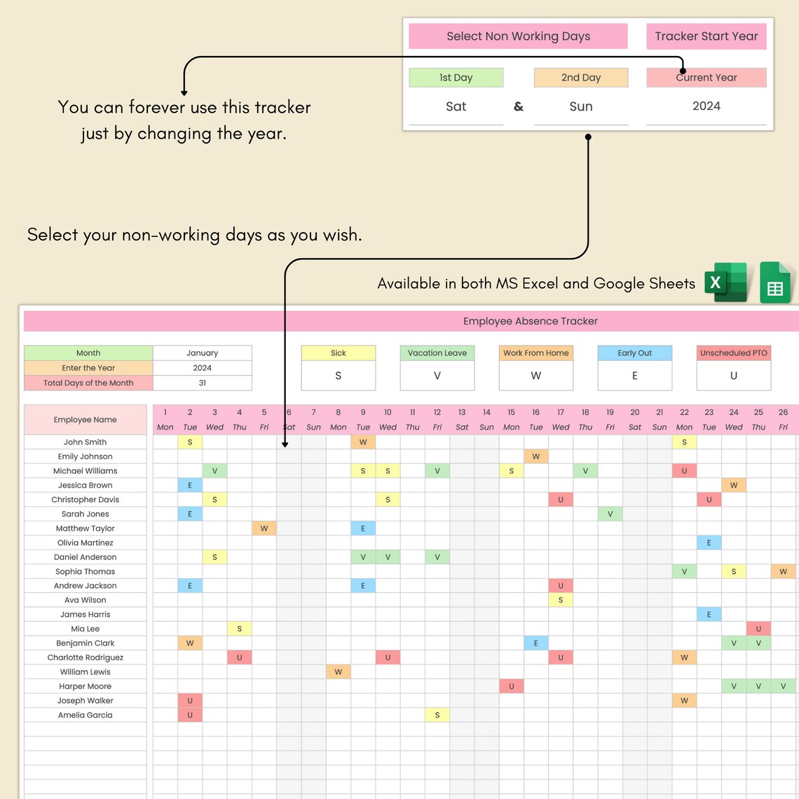 2024 Employee Absence Tracker, Google Sheets, MS Excel, Leave Tracker ...