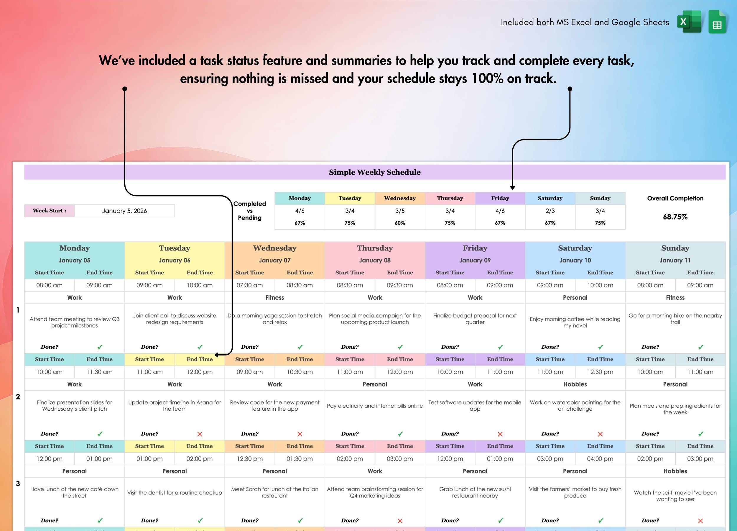 Weekly Schedule Template, Excel, Google Sheets, Daily Task Tracker ...