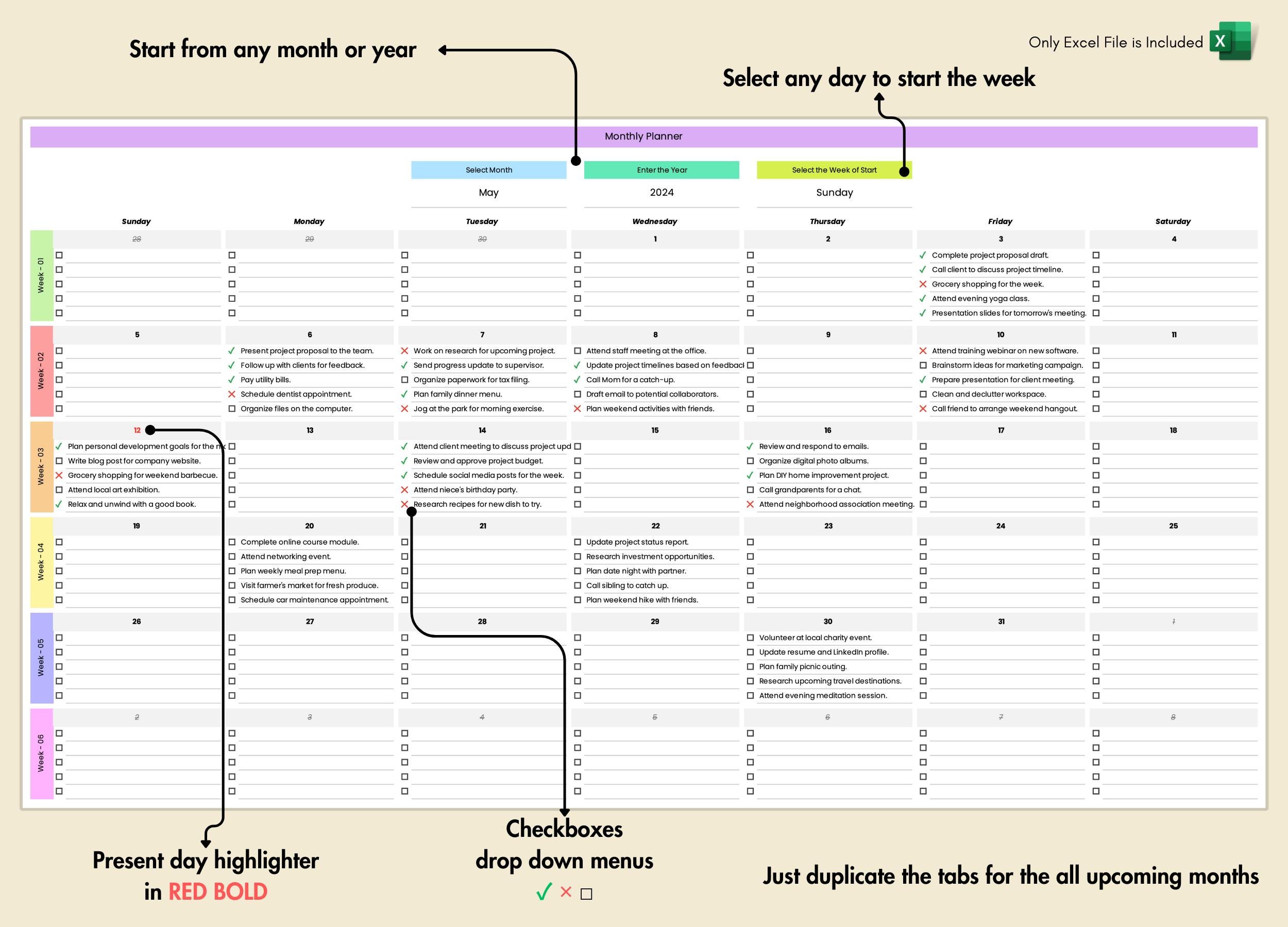 Simple to Do List Template for Excel Only | Add Tasks Daily, Weekly ...