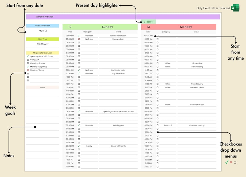 Simple to Do List Template for Excel Only | Add Tasks Daily, Weekly ...