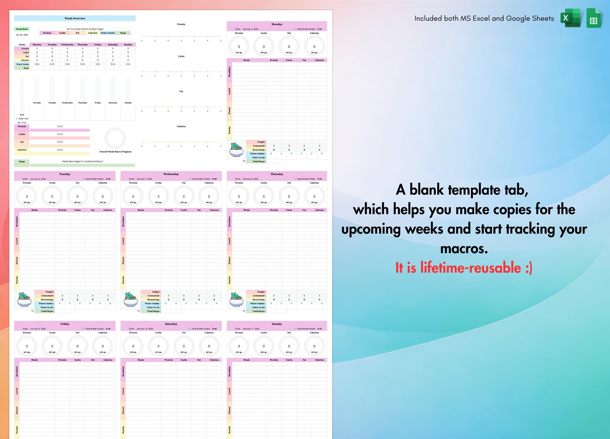 Macro and Calorie Tracker, Excel, Google Sheets, Meal Planner, Weekly ...