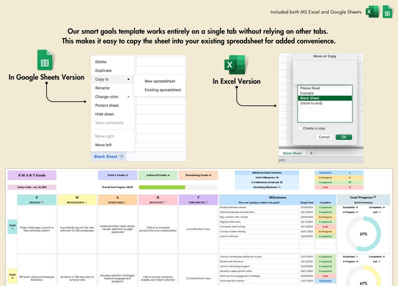 SMART Goals Template for Excel and Google Sheets | 10 Goals per Sheet ...