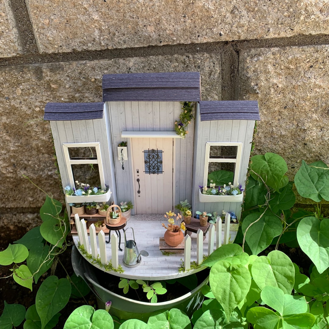 Miniature Garden Diorama Patio in Blue With Flowers, Clay Pot, Watering ...