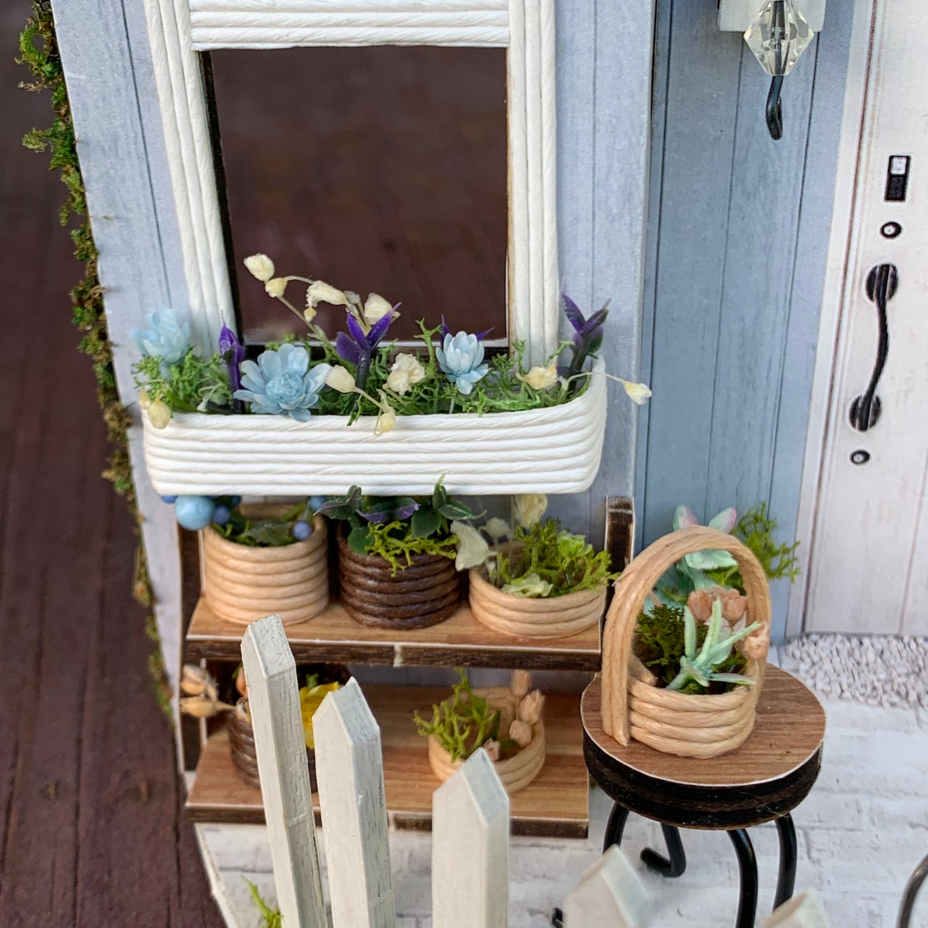 Miniature Garden Diorama Patio in Blue With Flowers, Clay Pot, Watering ...