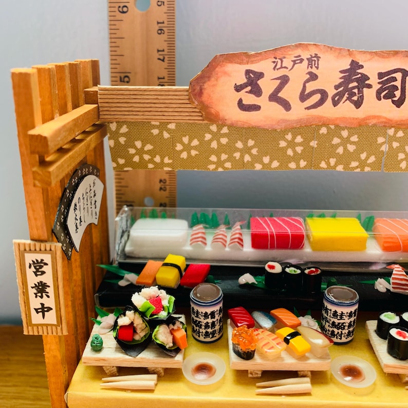 Miniature Sushi Bar Diorama Sushi Getta Nigiri Tea Cup Shoyu Soy Sauce ...