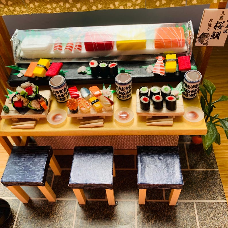 Miniature Sushi Bar Diorama Sushi Getta Nigiri Tea Cup Shoyu Soy Sauce ...