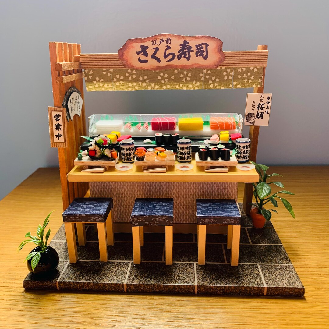 Miniature Sushi Bar Diorama Sushi Getta Nigiri Tea Cup Shoyu Soy Sauce ...