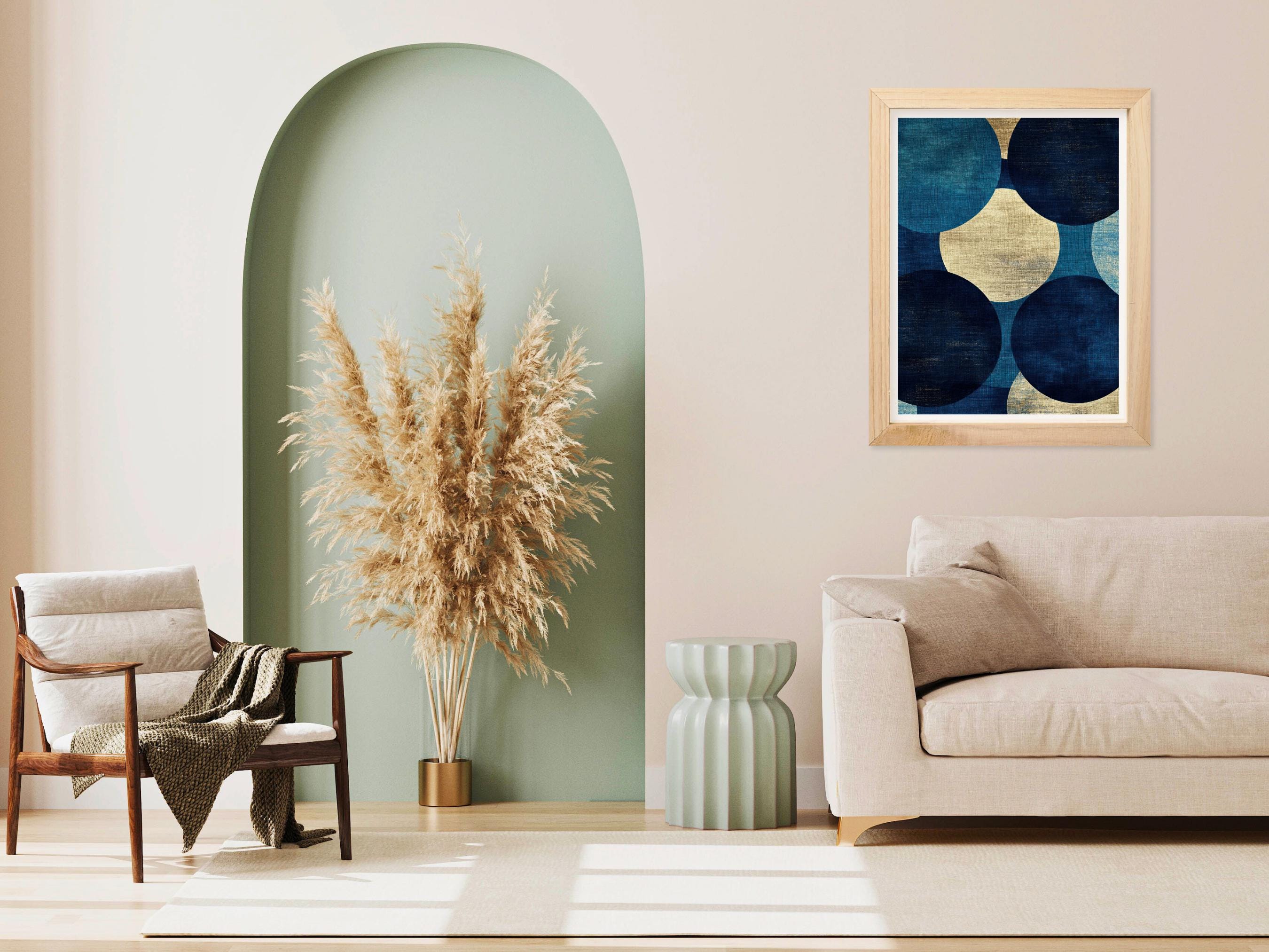 Mid-century Modern Geometric Wall Art – Navy Blue and Beige Circle ...