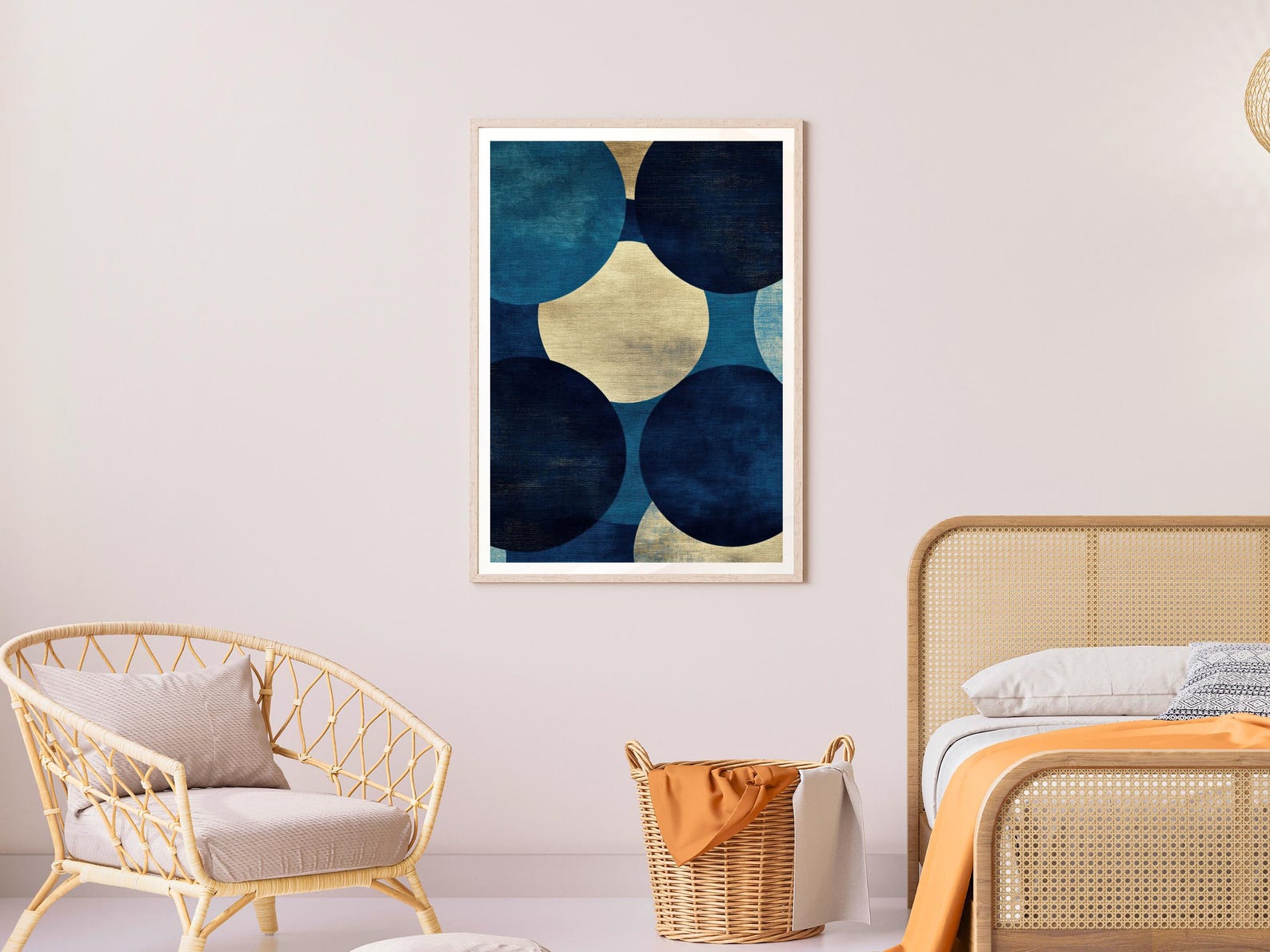Mid-century Modern Geometric Wall Art – Navy Blue and Beige Circle ...