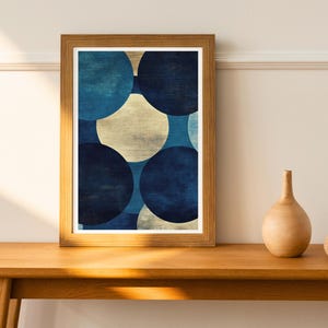 Mid-century Modern Geometric Wall Art – Navy Blue and Beige Circle ...