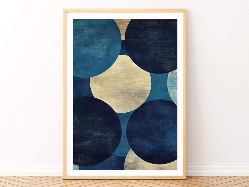 Mid-century Modern Geometric Wall Art – Navy Blue and Beige Circle ...