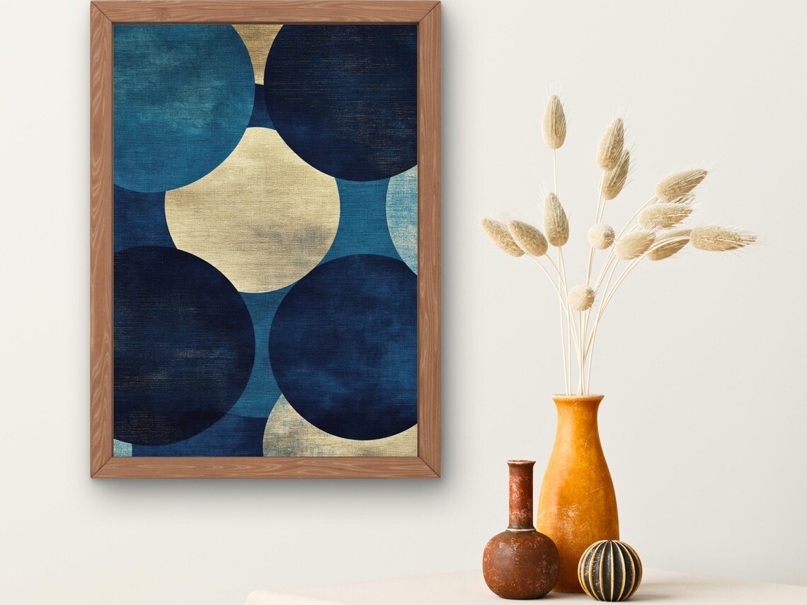 Mid-century Modern Geometric Wall Art – Navy Blue and Beige Circle ...