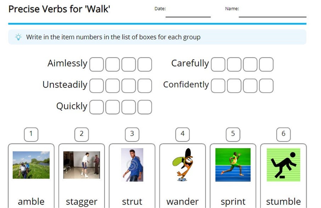 Precise Verbs for 'walk' Worksheet - Etsy