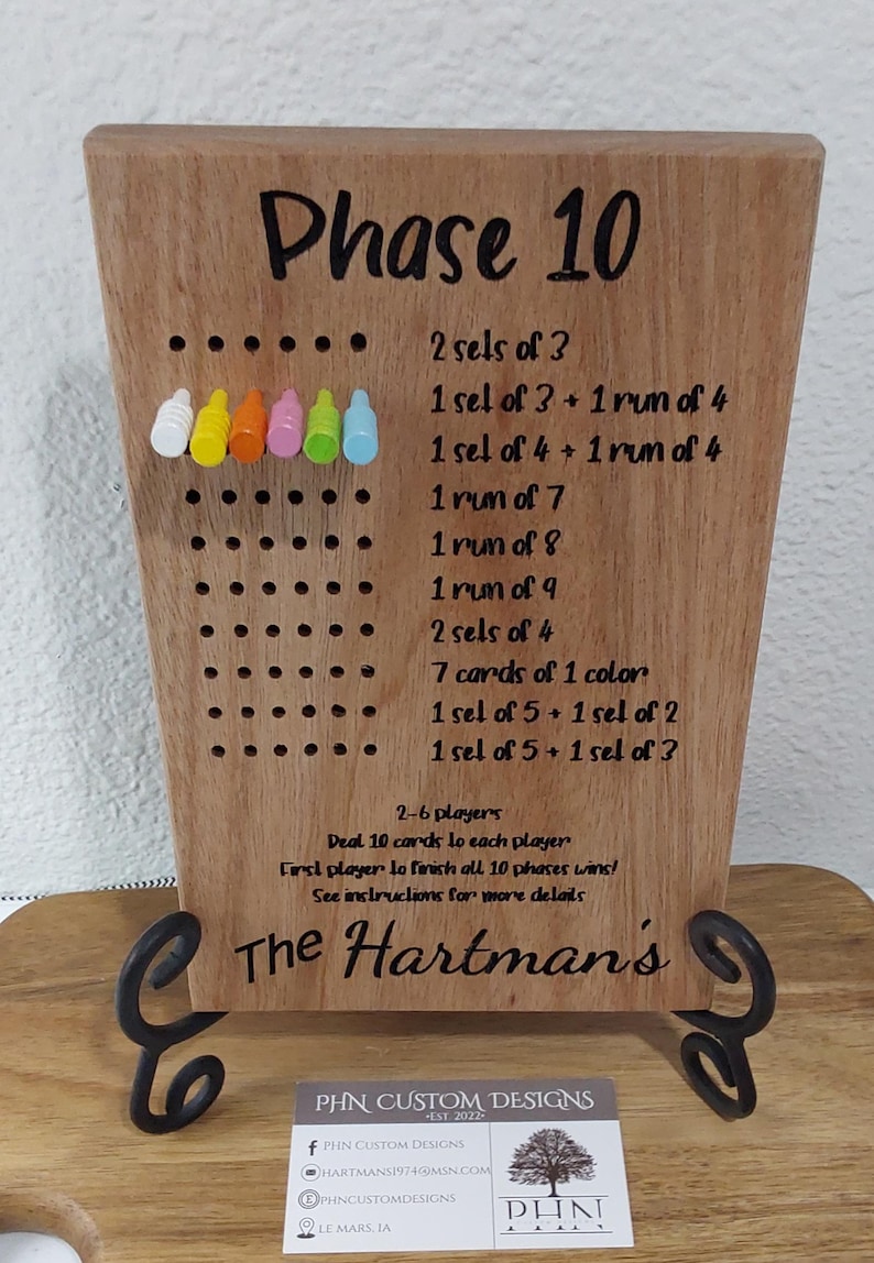 Personalized Phase 10 Score Board: Mahogany or Oak Wood, Pegs & Storage ...