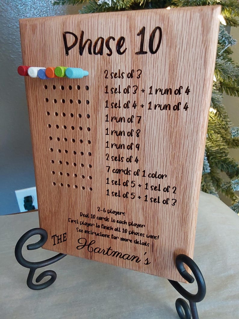 Personalized Phase 10 Score Board: Mahogany or Oak Wood, Pegs & Storage ...