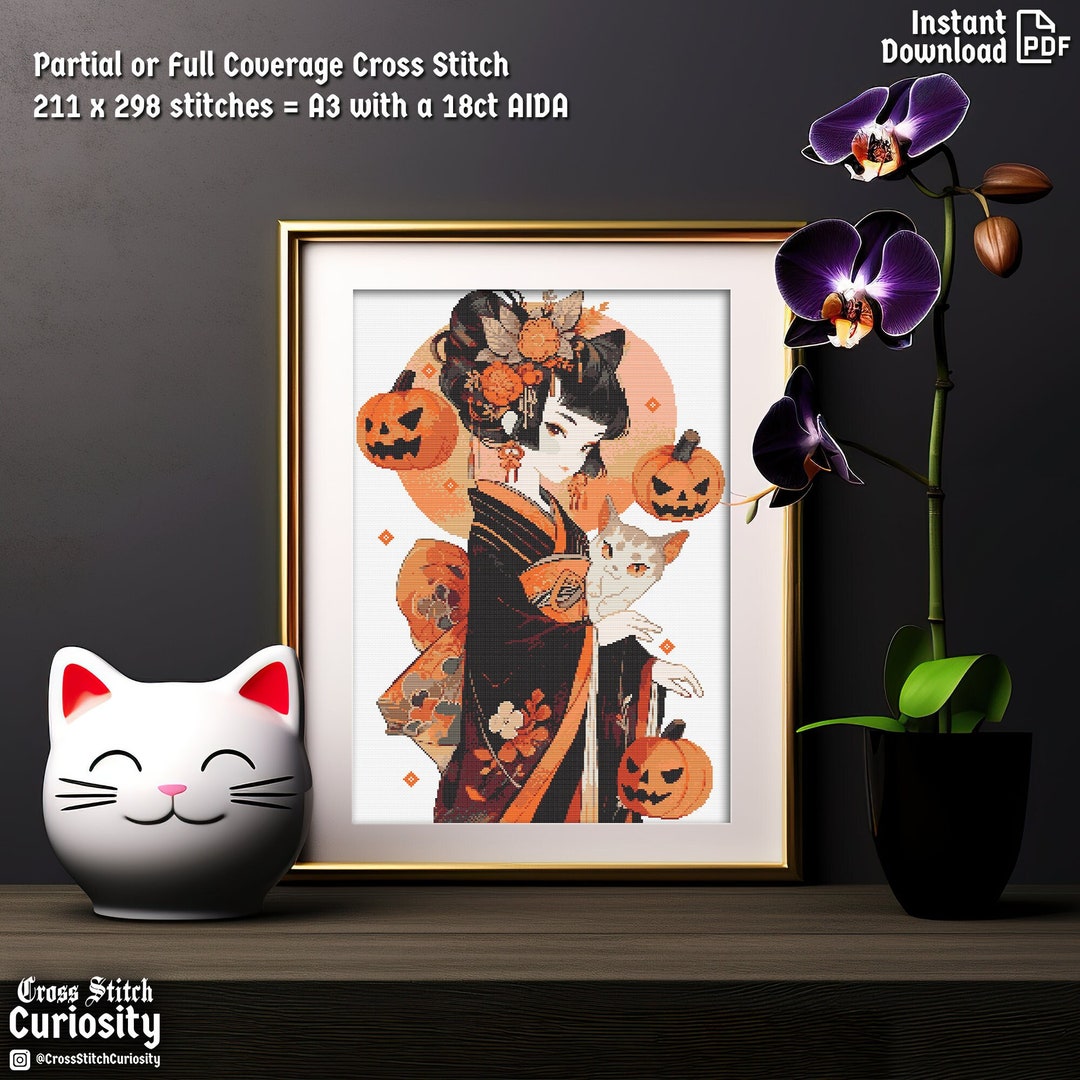 XL Japanese Cross Stitch Pattern Pdf "cat Girl Geisha" Manga Anime ...