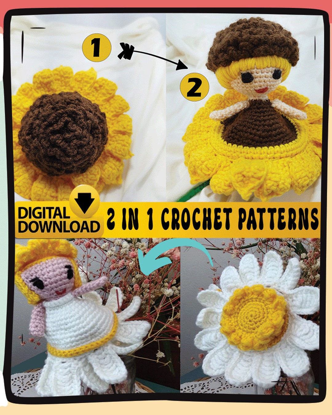 2 in 1 Reversible Daisy Flower & Sunflower Crochet Patterns Digital Download Trending Kawaii ...