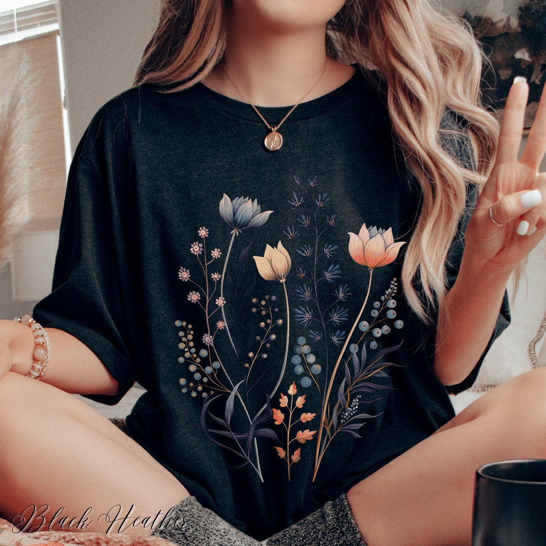 Pastel Flowers Black Tee Shirt, Boho Floral Graphic Tshirt, Botanical ...