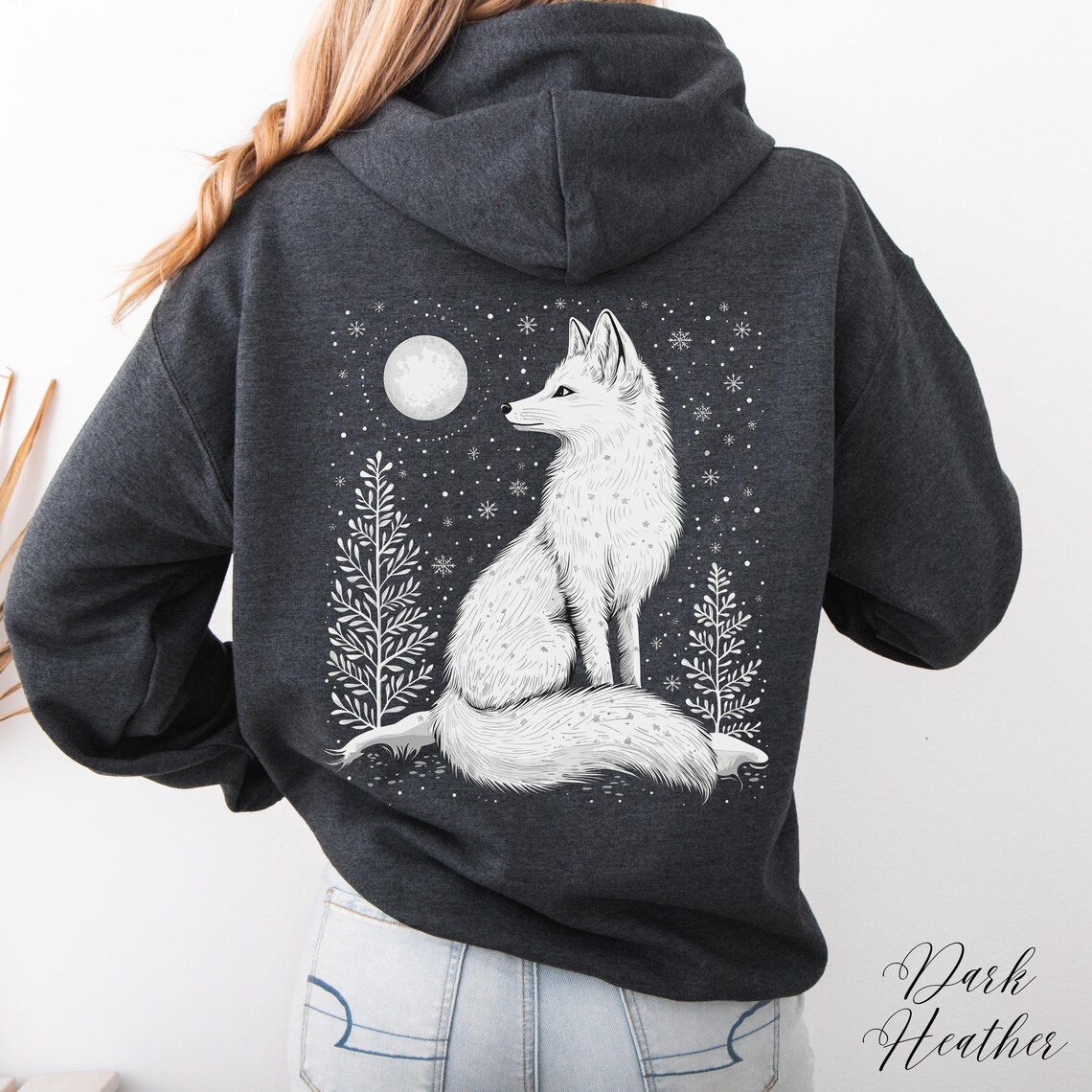 Arctic Fox Hoodie, White Fox Hoodie, Cute Moon and Fox Sweatshirt ...