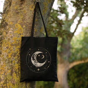 Crescent Moon Tote Bag, Boho Mystic Moon Bag, Moon Phase Canvas Tote ...
