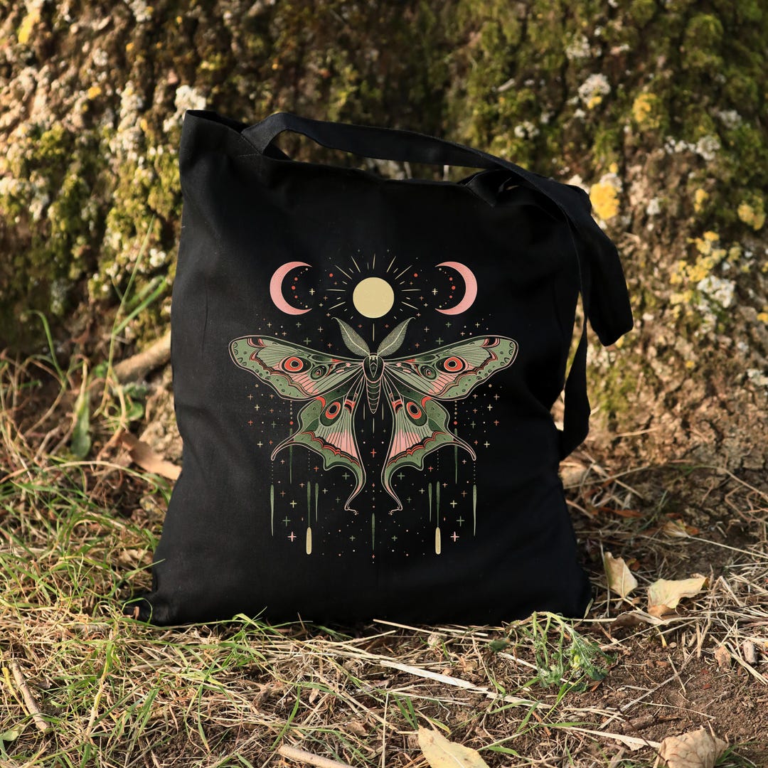 Whimsigoth Luna Moth Tote Bag, Mystic Moth and Moon Phase Cotton Tote ...