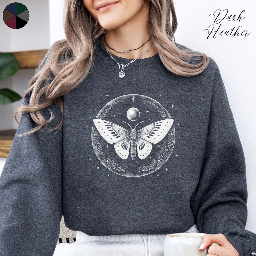 White Moth Sweatshirt, Boho Moth and Moon Crewneck, Fairy Grunge ...
