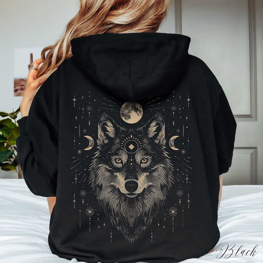 Mystic Wolf Hoodie, Wolf Moon Hooded Sweatshirt, Back Print Hoody, Alt ...