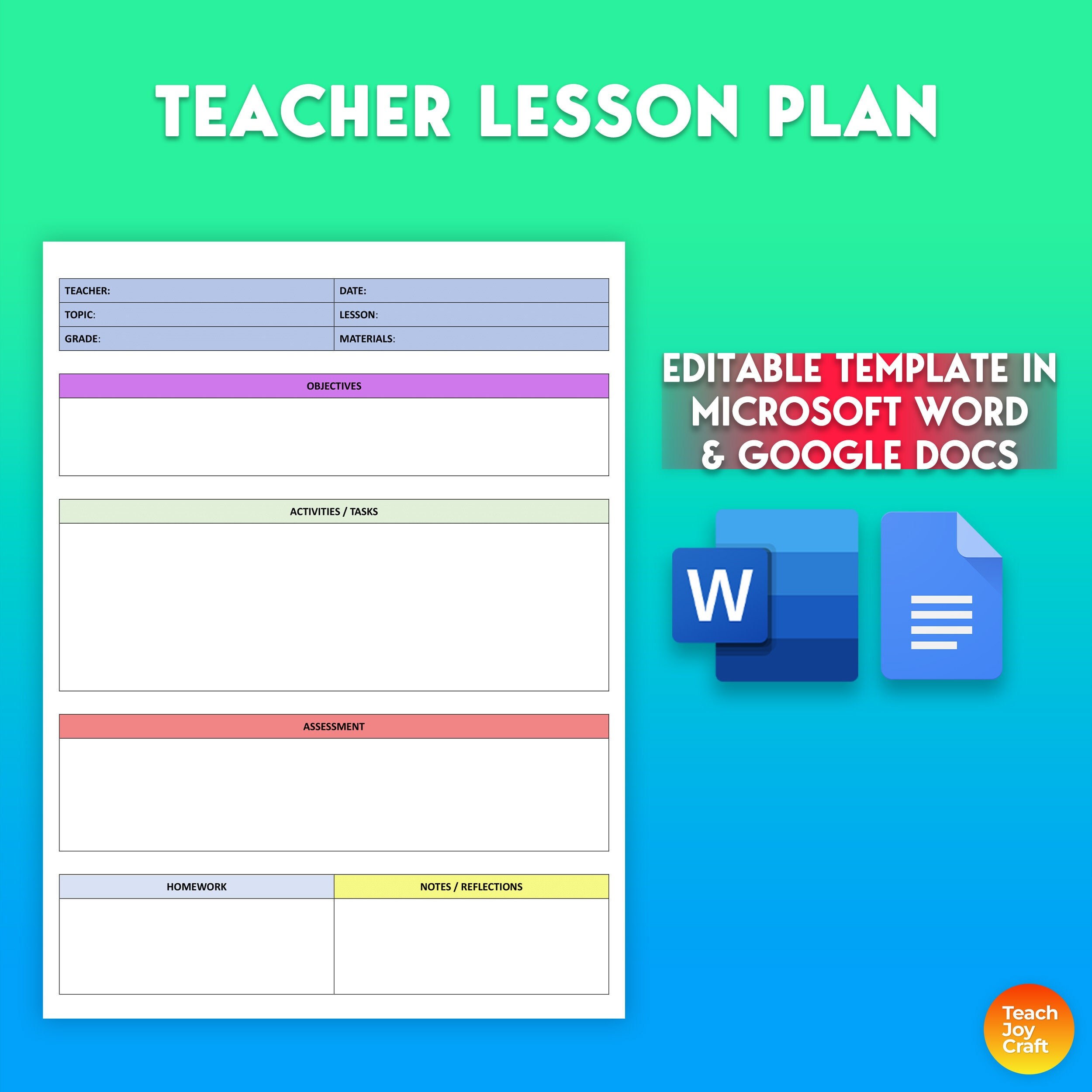 EDITABLE Lesson Plan Template in Google Docs & Microsoft Word, Simple ...