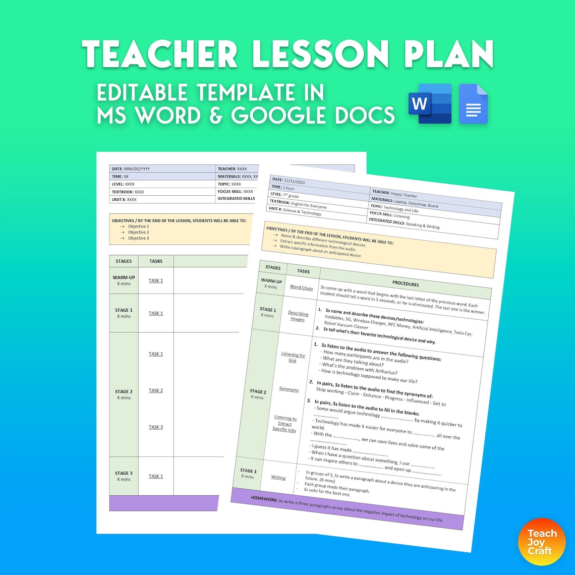 EDITABLE Lesson Plan Template in Microsoft Word and Google Docs, Simple ...